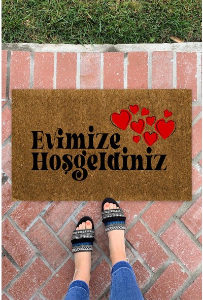 Buket Home Evimize Hoşgeldiniz Kalp Iç ve Dış Mekan Dekoratif Çok Amaçlı Kapı Önü Paspası
