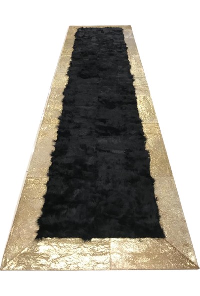 Bienna Fur Kaymaz Taban Gold Bordür Siyah Doğal Deri Halı / Kilim