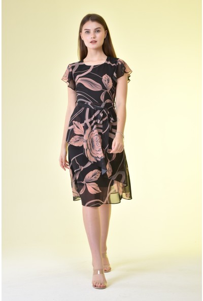 Avver Kadın Siyah Bel Kuşaklı Gül Desenli Şifon Elbise