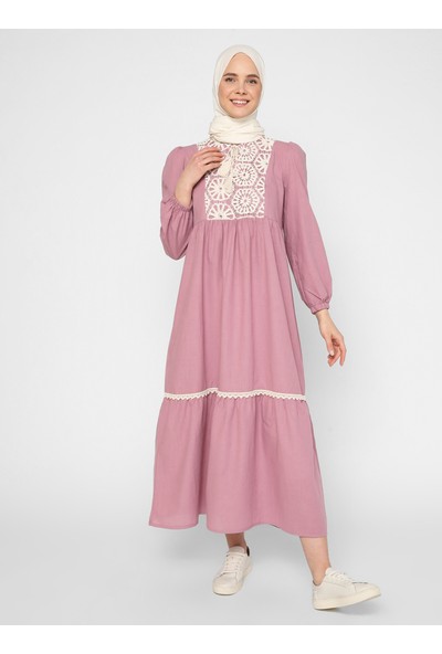 Doğal Kumaşlı Dantelli Elbise - Derin Pembe - Benin Doğal Kumaşlı Dantelli Elbise - Derin Pembe - Benin
