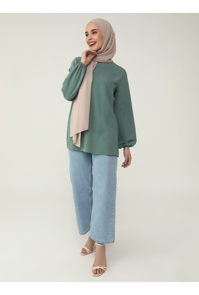 Kol Ucu Lastikli Balon Kol Aerobin Bluz - Çağla Yeşili - Refka Casual Kol Ucu Lastikli Balon Kol Aerobin Bluz - Çağla Yeşili - Refka Casual