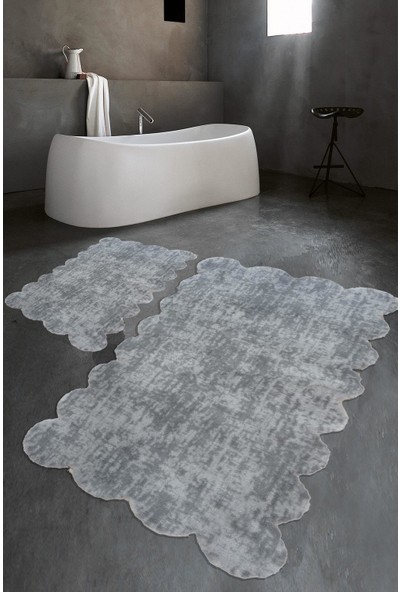 Balat Halı Lazer Kesim Desenli Açık Gri Peluş Banyo Paspası 2'li Balat Halı Lazer Kesim Desenli Açık Gri Peluş Banyo Paspası 2'li