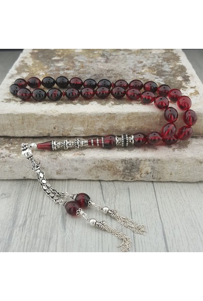 Tesbih Sepetim Özel Tasarım Gümüş Püsküllü Kırmızı Siyah Ateş Kehribar Tesbih