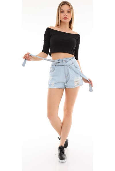 The Bark Belden Lastkli Kuşaklı Mini Kadın Jean Şort 2294 Buz Mavisi