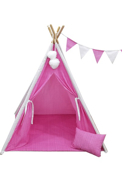 Mordesign Doğal Ahşap Çocuk Oyun Çadırı V8 Pembe