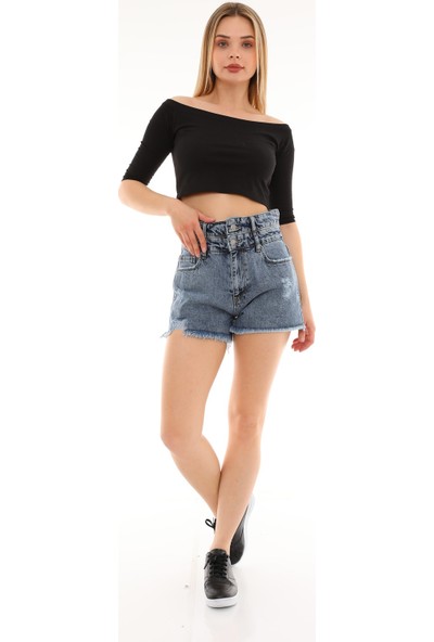 The Bark Çift Kemerli Mini Kadın Jean Şort 2297 Mavi The Bark Çift Kemerli Mini Kadın Jean Şort 2297 Mavi