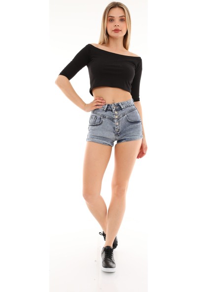The Bark Kemerli Düğmeli Mini Kadın Jean Şort 2693-1 Mavi