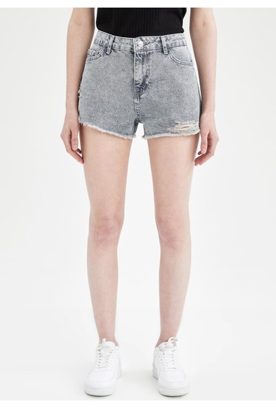Defacto Yüksek Bel Yırtık Detaylı Jean Mini Şort U2958AZ21SM