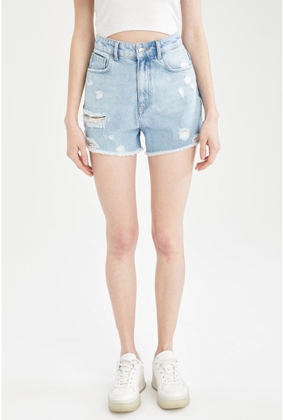 Defacto Yüksek Bel Yırtık Detaylı Jean Mini Şort U6497AZ21SM