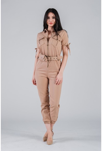 My Cool Boutique Kısa Kollı Önden Fermuarlı Çanta Kemerli Tulum