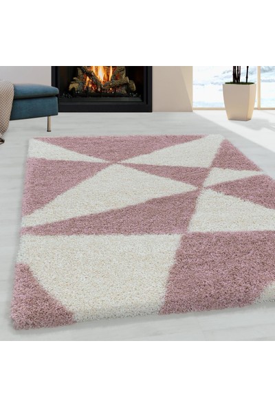 Ayyıldız Desenli Shaggy Halı Yumuşak Geometrik Üçgen Desenli Rose Krem