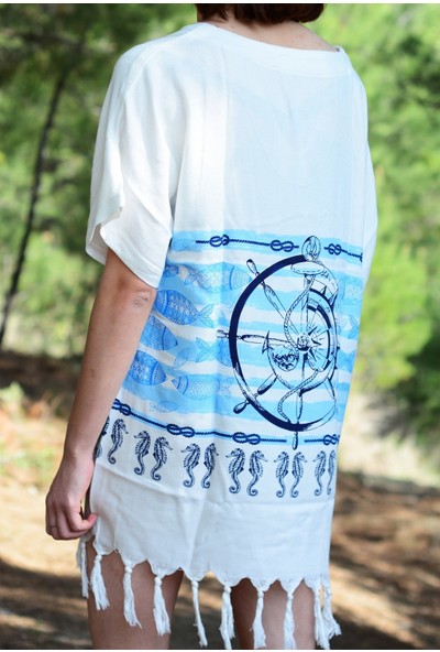 Roi Tekstil Pareo-Peştamal Deniz Desenli Plaj Elbisesi