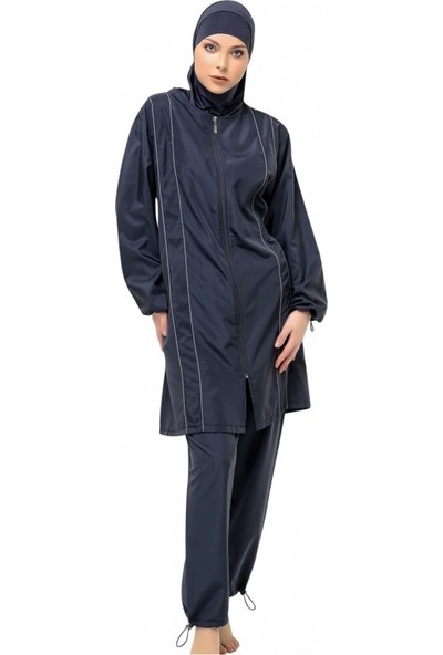 Tıklaalbeni Büyük Beden Gri Şeritli Antrasit Tam Tesettür Mayo