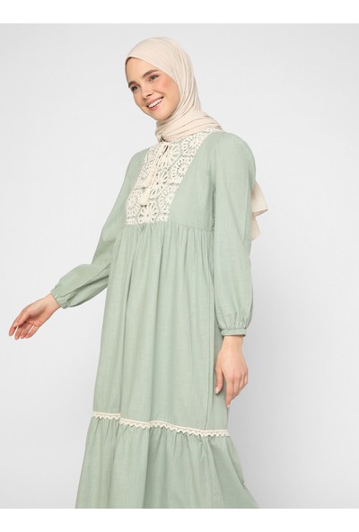 Benin Doğal Kumaşlı Dantelli Elbise - Kekik - Benin