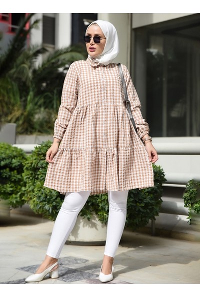 Por La Cara Kareli Fırfırlı Uzun Gömlek Tunik - Vizon - Por La Cara