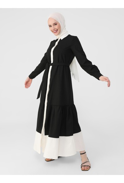 Refka Kemerli Garnili Eteği Volanlı Elbise - Siyah Beyaz - Refka Casual