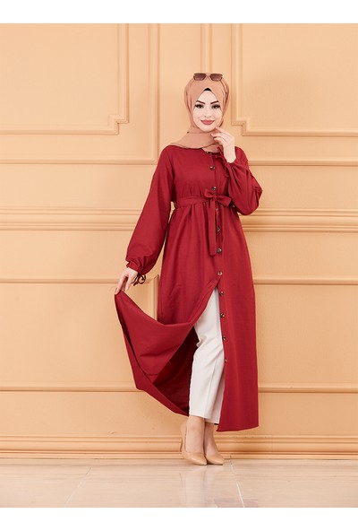 Tofisa Boydan Düğmeli Elbise - Bordo - Tofisa