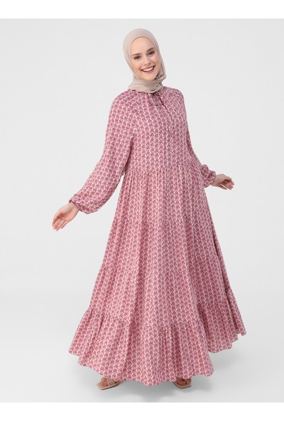 Refka Çiçek Desenli Kat Kat Viskon Elbise - Pembe - Refka Casual Refka Çiçek Desenli Kat Kat Viskon Elbise - Pembe - Refka Casual