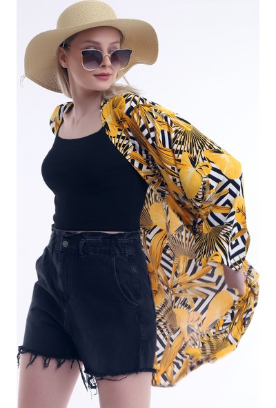 Dnz Kadın Sarı Yaprak Desenli Uzun Kimono