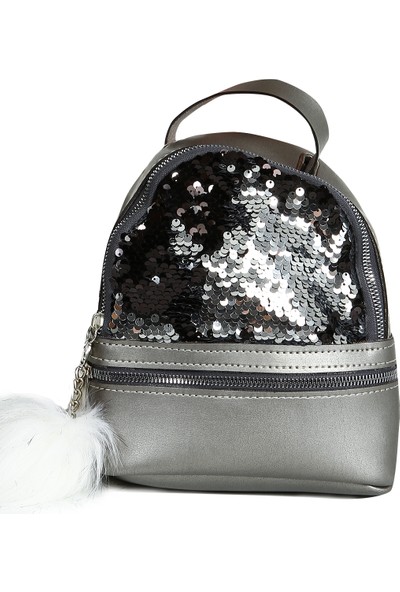 Collezione Gümüş Fermuarlı Önü Pullu Ponpon Detaylı Tutma Saplı Ayarlanabilir Sırt Çantası