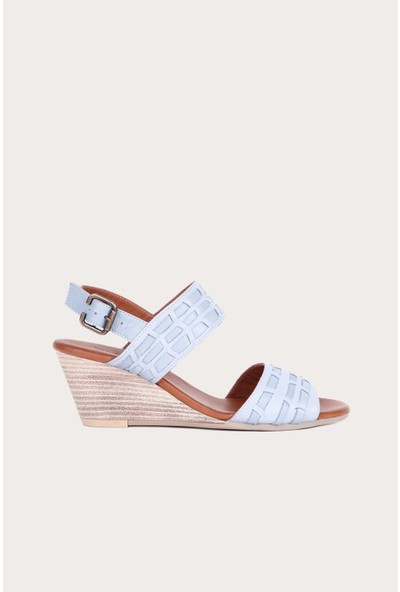 Bueno Mavi Deri Kadın Dolgu Topuklu Sandalet
