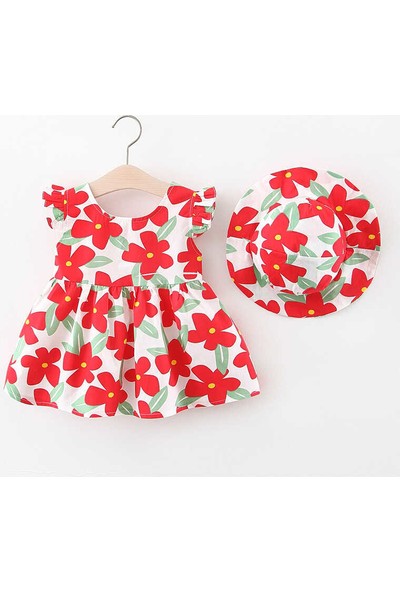 Little Honey Bunnies Kırmızı Çiçek Detaylı Elbise ve Şapka 2'li Takım