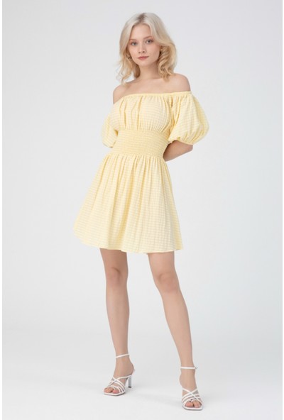 Berfuğ Kıran Omzu Düşük Beli Lastikli Elbise