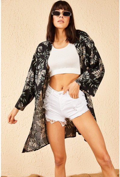 Kasheha Kadın Siyah Yaprak Desenli Uzun Kollu Viskon Kimono - KAD3325450