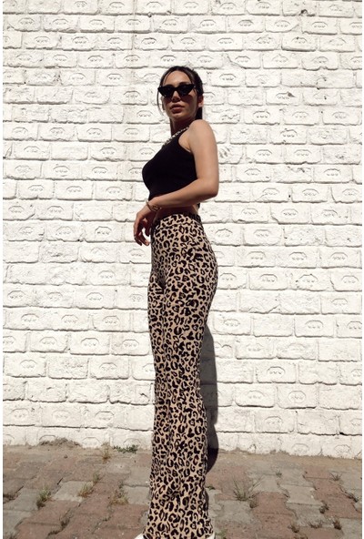 İksora Kadın Leopar Desenli Ispanyol Paça Likralı Pantolon