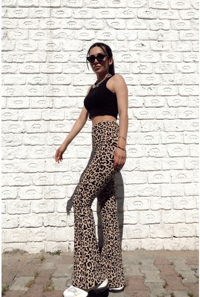 İksora Kadın Leopar Desenli Ispanyol Paça Likralı Pantolon
