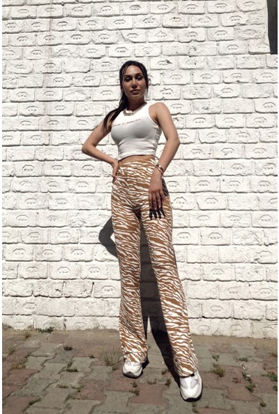 İksora Kadın Kahverengi Zebra Desenli Ispanyol Paça Likralı Pantolon