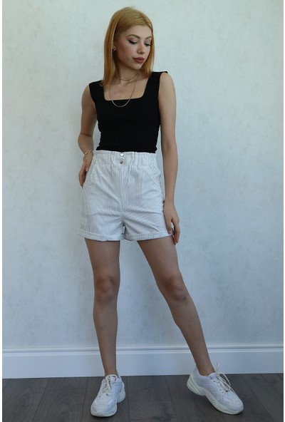 VprModa Beli Lastikli Çizgili Önü Çıtçıtlı Kadın Şort