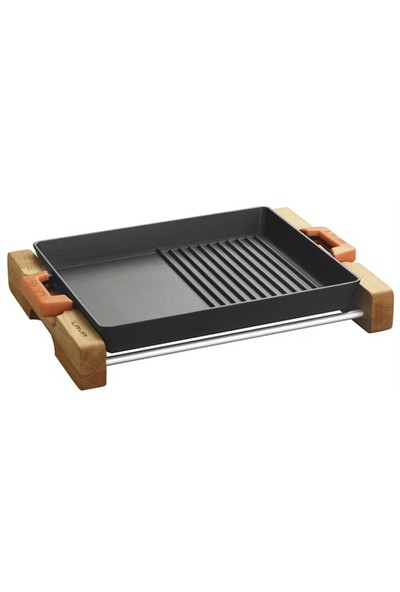 Lava Izgara Tava Hibrit 26X32 Cm. Metal Kulplu Ve Ahşap Stand, Düz Ve Izgara Yüzeyli Lava Izgara Tava Hibrit 26X32 Cm. Metal Kulplu Ve Ahşap Stand, Düz Ve Izgara Yüzeyli