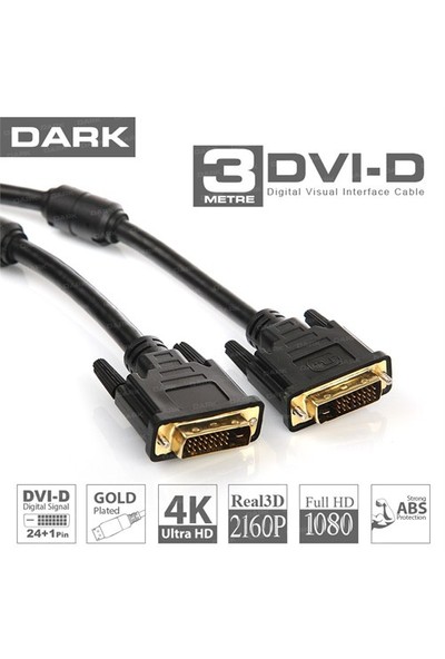 Dark 3m Ferrit Core EMI/RFI Filtreli 24+1pin DVI Kablo (Erkek/Erkek) (DK-CB-DVIL300) Dark 3m Ferrit Core EMI/RFI Filtreli 24+1pin DVI Kablo (Erkek/Erkek) (DK-CB-DVIL300)
