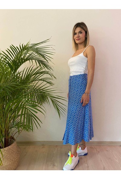 Mgetasarm Mavi Kadın Midi Boy Etek Kalp Desenli