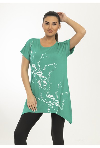 Hepisize Yeşil Çiçek Desenli Asimetrik Tunik