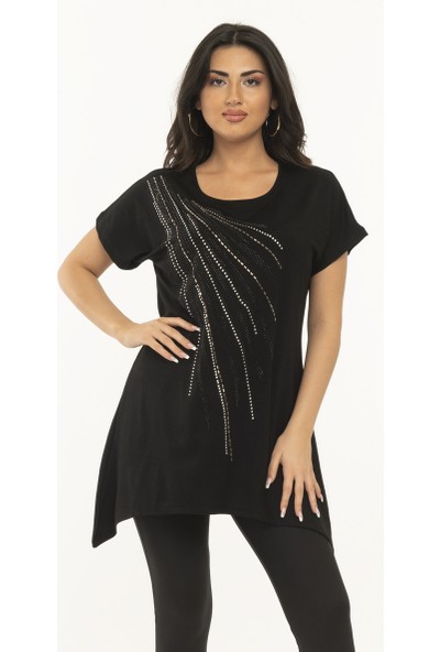 Hepisize Omuzdan Taşlı Siyah Asimetrik Tunik