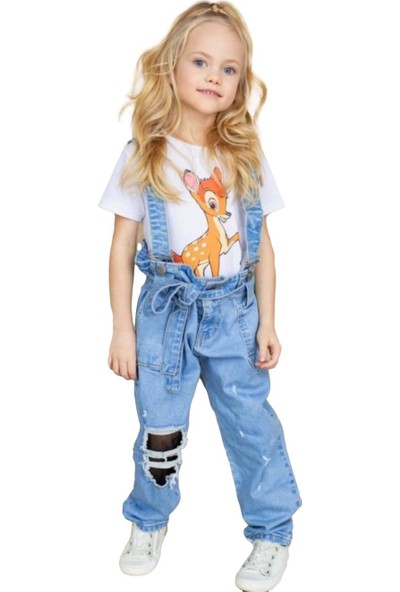 Cinarium Kız Çocuk Kot Pantolon ve Tişört Kombin - 0121YKTB - Mavi - 7-8 Yaş