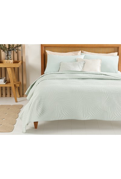 English Home Elegant Leaf Çift Kişilik Çok Amaçlı Yatak Örtüsü 200X220 cm Su Yeşili