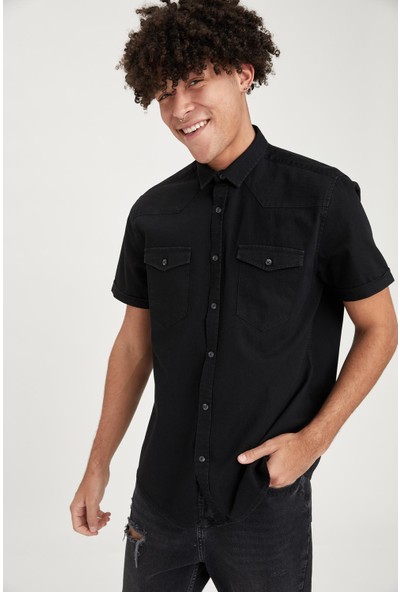 Defacto Slim Fit Jean Kısa Kollu Gömlek M9010AZ21SM Defacto Slim Fit Jean Kısa Kollu Gömlek M9010AZ21SM