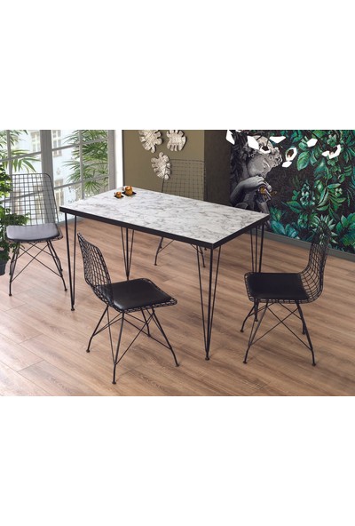 Emma Concept Beyaz Mermer Desen Masa Sandalye Takımı 70X120 + 4 Sandalye