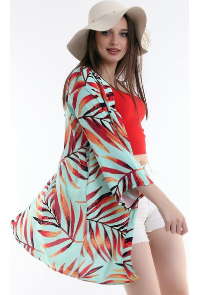 Dnz Bayan Mint Tropikal Uzun Kimono