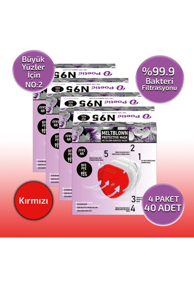 N95 Maske 40 Adet Kırmızı No:2 (Büyük Yüzler Için)