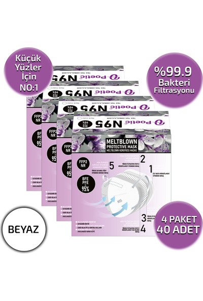 N95 Maske 40 Adet Beyaz No:1 (Küçük Yüzler Için)