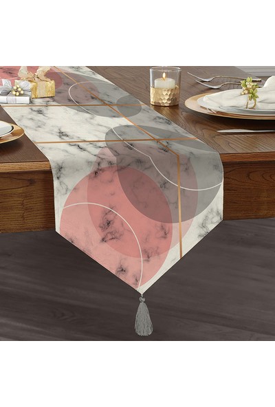 RealHomes Geometrik Mermer Desenli Dijital Baskılı Püsküllü Şönil Üçgen Runner