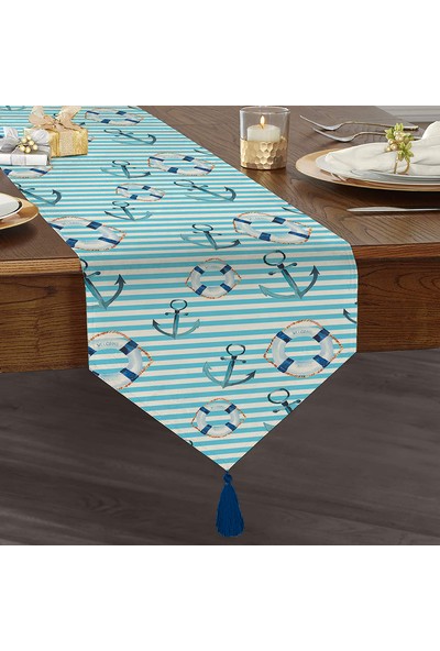 RealHomes Mavi Çizgili Denizci Tasarımlı Dijital Baskılı Püsküllü Şönil Üçgen Runner RealHomes Mavi Çizgili Denizci Tasarımlı Dijital Baskılı Püsküllü Şönil Üçgen Runner