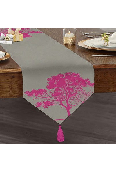 RealHomes Gri Zeminde Dekoratif Fuşya Ağaç Tasarımlı Püsküllü Şönil Üçgen Runner RealHomes Gri Zeminde Dekoratif Fuşya Ağaç Tasarımlı Püsküllü Şönil Üçgen Runner