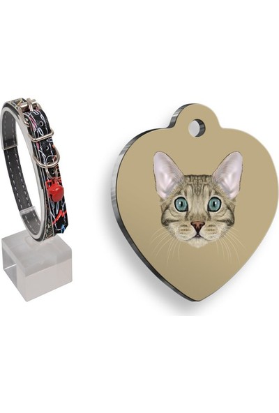 The Passage Kalp Şekilli Tekir Kedi Künyesi+Desenli Deri Kedi Köpek Boyun Tasması 30 cm