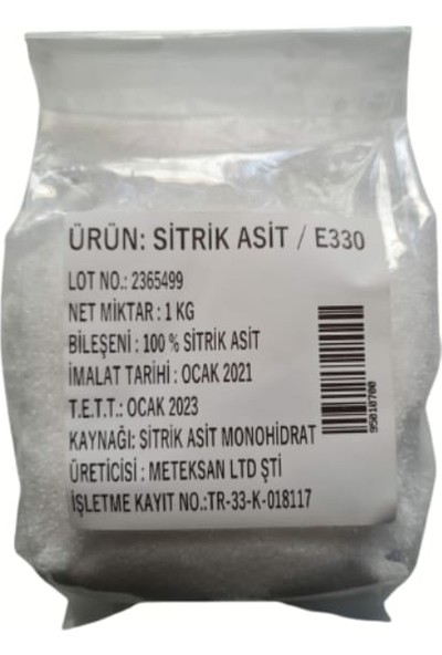 Meteksan Sitrik Asit E330 1 Kg( Öğütülmüş Limontuzu ) Meteksan Sitrik Asit E330 1 Kg( Öğütülmüş Limontuzu )