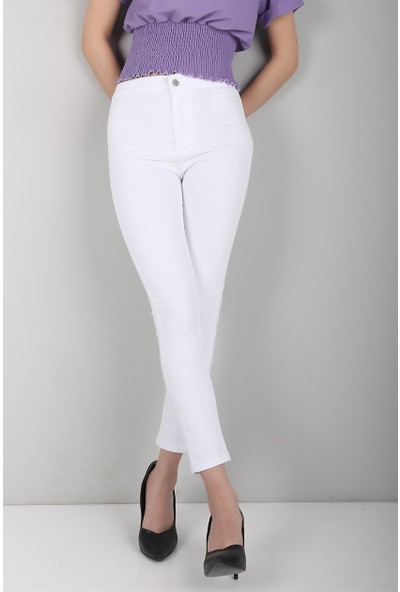 Nacar Çarşı Kadın Dar Paça Likralı Beyaz Keten Pantolon